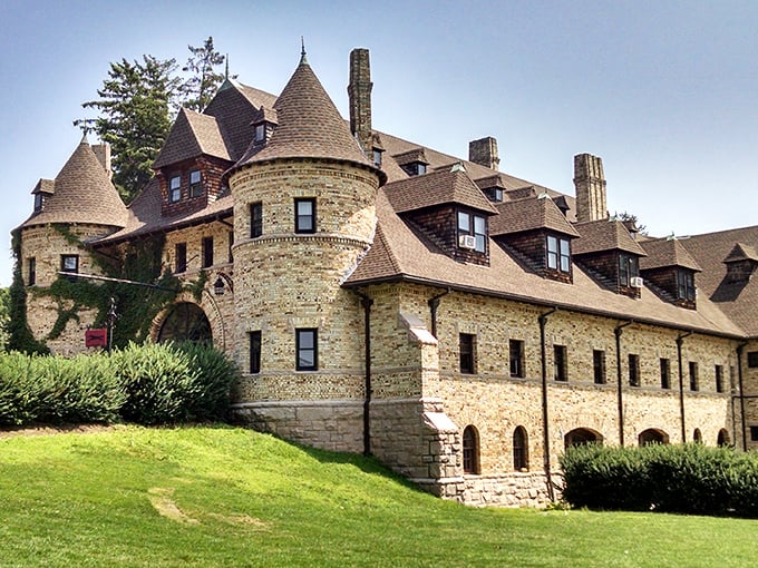 This isn't a misplaced European castle&mdash;it's Brookline's automotive treasure chest. The stone carriage house looks ready to host knights instead of Cadillacs.