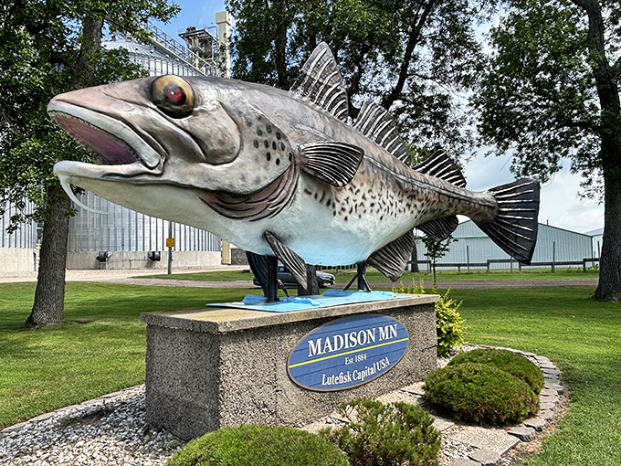 This magnificent fish sculpture reveals its impressive scale and meticulous detailing, right down to its gaping mouth.