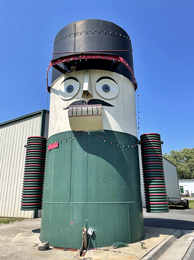 The Giant Nutcracker stands tall against the Virginia sky, like a sentry guarding the gateway to whimsy in Orange County.