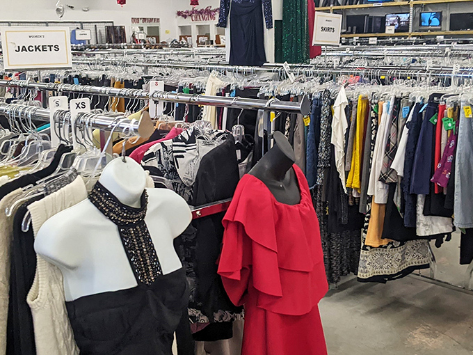 A fashion wonderland where yesterday's runway meets today's budget. That red number is practically begging for a night on the town or at least a dramatic entrance to book club.