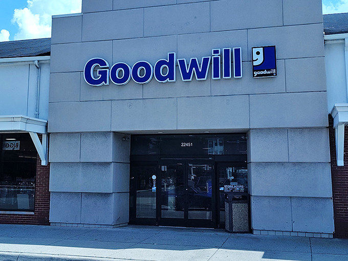 The Dearborn Goodwill stands ready for treasure hunters, its modern facade hiding vintage wonders within those automatic doors.