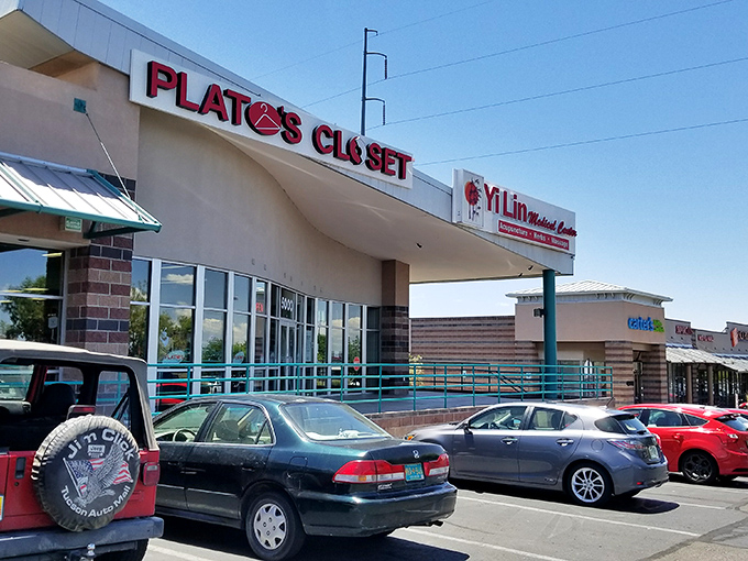 Nestled in a shopping center with neighbors like ViLin, Plato's Closet stands out as the fashion recycling headquarters of Albuquerque.