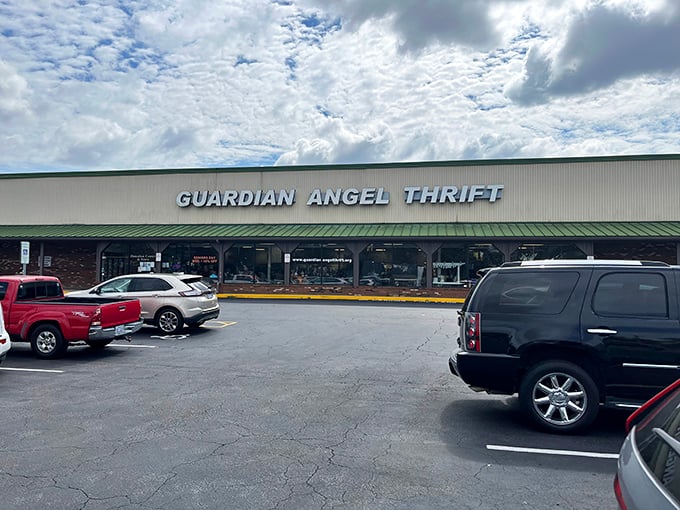 The unassuming exterior of Guardian Angel Thrift Store belies the wonderland of treasures waiting inside. Thrift nirvana hides in plain sight.