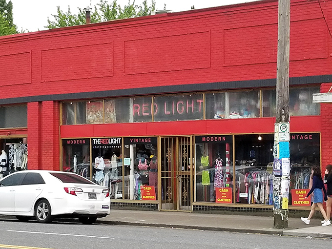 That red exterior isn't subtle, and honestly, why should it be when you're housing Portland's secondhand fashion goldmine?