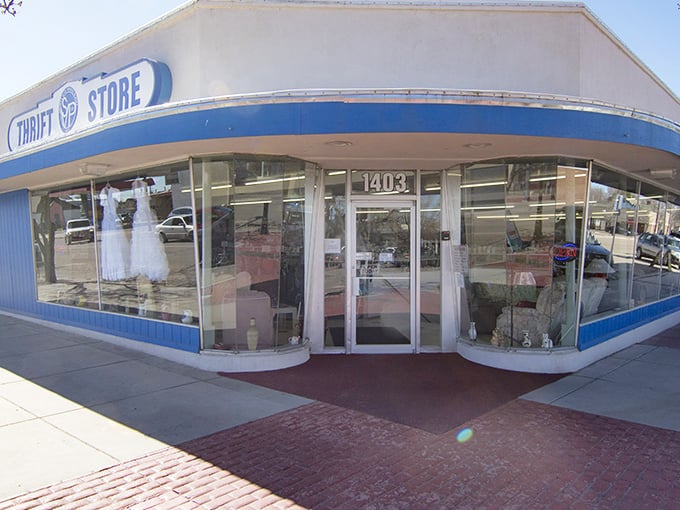 The blue-trimmed fa&ccedil;ade might not scream "retail paradise," but inside awaits a treasure hunter's dream where wedding dresses get second chances at happily-ever-after.