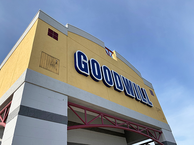 From this angle, the Goodwill logo stands tall against Montana's big sky &ndash; a beacon of hope for both your wallet and your wardrobe.