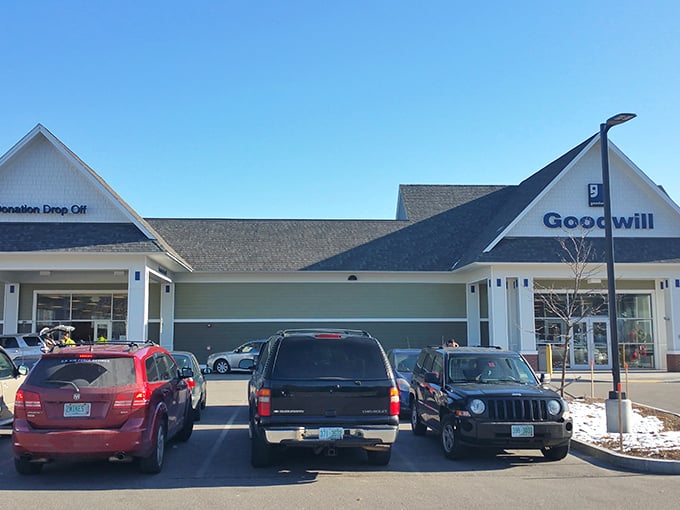 The Somersworth Goodwill welcomes bargain hunters with its distinctive blue signage and convenient donation drop-off area &ndash; treasure hunting begins in the parking lot!