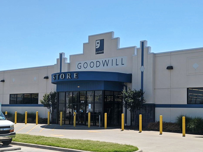 The iconic blue-and-white facade of Goodwill on Southwest Boulevard stands like a beacon for bargain hunters across Tulsa.