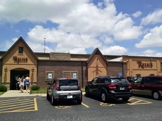 The brick facade of Relics Antique Mall beckons like a portal to the past, promising treasures and memories waiting to be rediscovered.