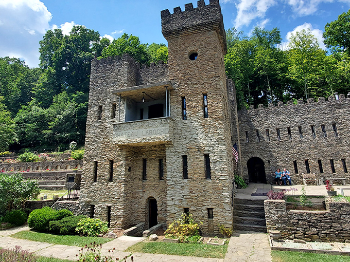 The stone facade of Chateau Laroche stands proudly against the Ohio sky, looking like it was teleported straight from medieval Europe to suburban Cincinnati.