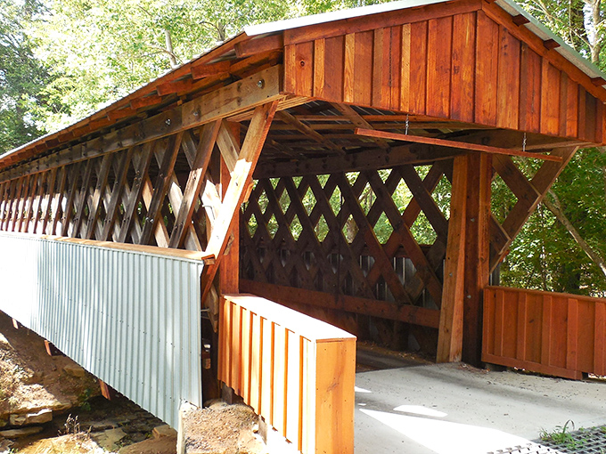 The classic design of Easley Covered Bridge stands as a testament to early 20th century craftsmanship, inviting travelers to step back in time.