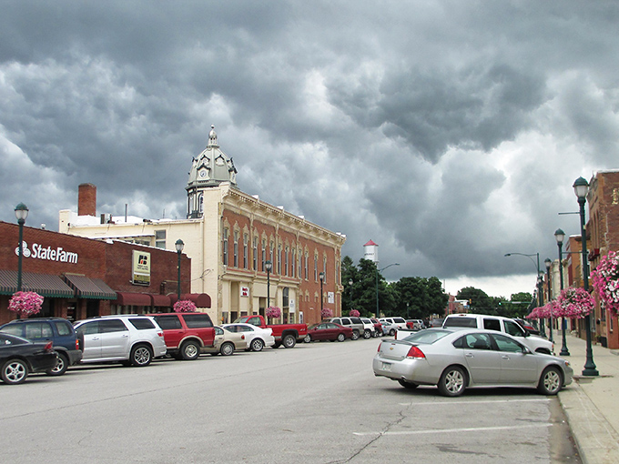 Winterset's historic downtown square looks like it was plucked straight from central casting for "Small Town, USA." Those dramatic clouds only add to the cinematic quality.