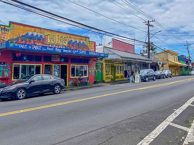 Pahoa's main street looks like a tropical Western movie set with a technicolor twist. Those vibrant storefronts practically sing aloha!