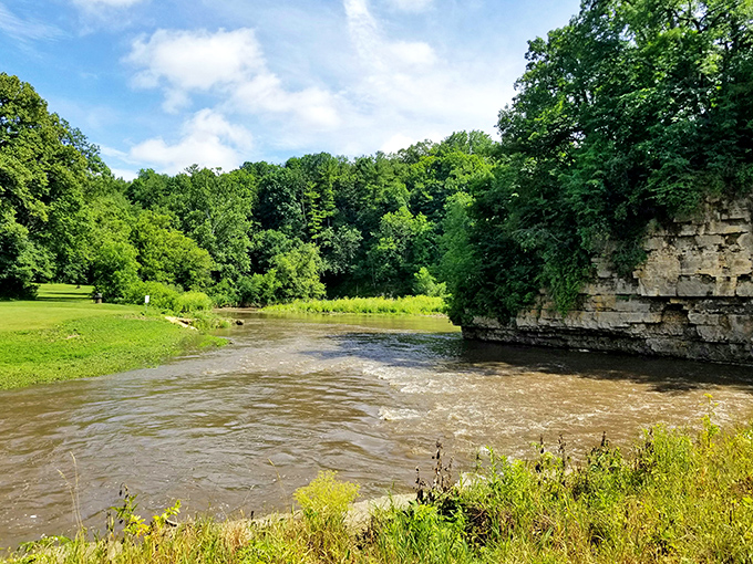 The Apple River winds through limestone bluffs like nature's own sculpture gallery, creating a scene that feels more Colorado than Illinois.