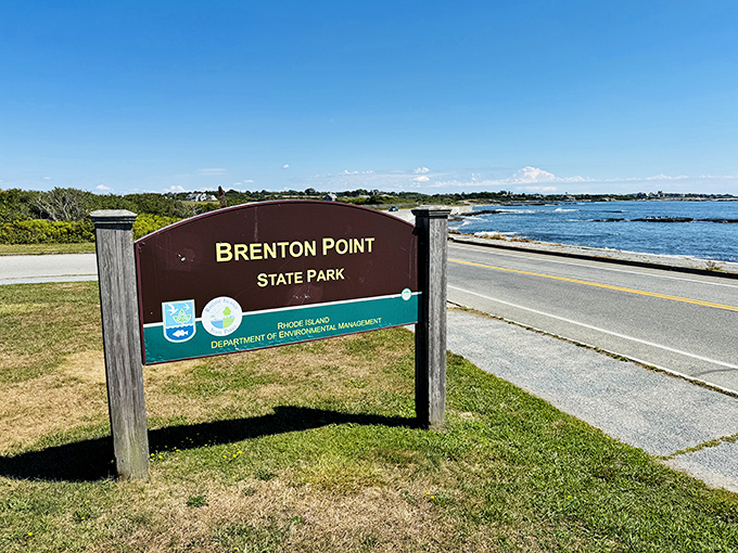 Welcome to paradise! The iconic entrance sign to Brenton Point State Park greets visitors with the promise of ocean vistas and salty breezes.