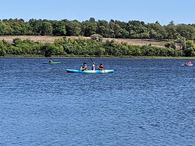 Kayakers glide across Lake Herman's mirror-like surface, proving that sometimes the best therapy costs nothing more than a paddle rental.