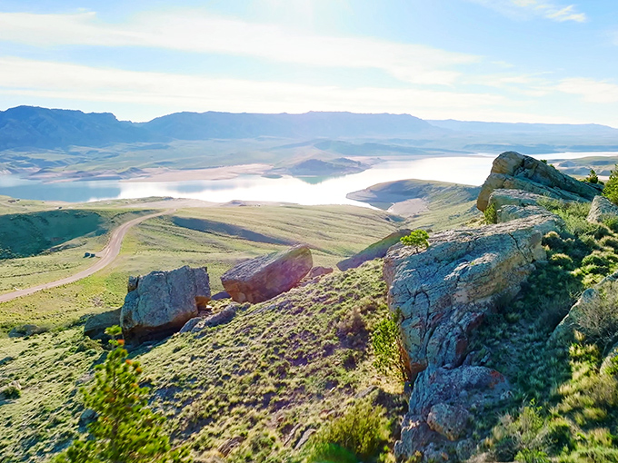 Panoramic perfection at Seminoe State Park, where the mountains meet the water in nature's version of a perfect first date.