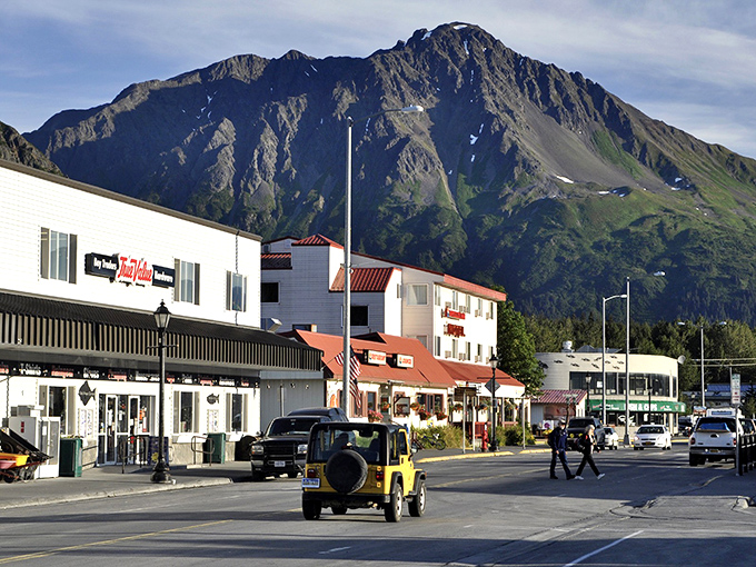 Downtown Seward welcomes you with its classic Alaskan charm, where mountains stand guard over colorful storefronts like proud local sentinels.