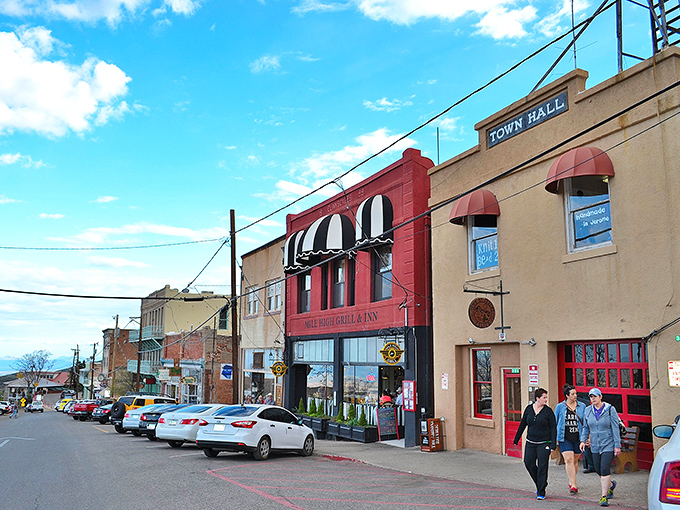 Jerome's main street offers a perfect blend of historic charm and modern amenities, with the Town Hall standing proudly above the bustling scene below.