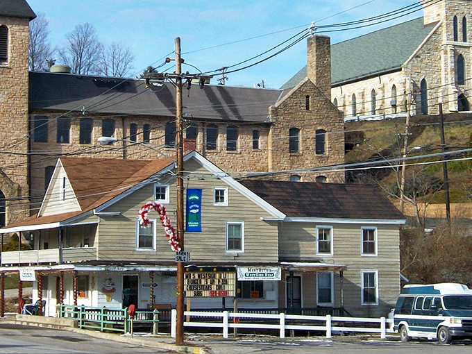 St. Basil's stone church stands sentinel over Dushore, a testament to the faith and craftsmanship of generations past.