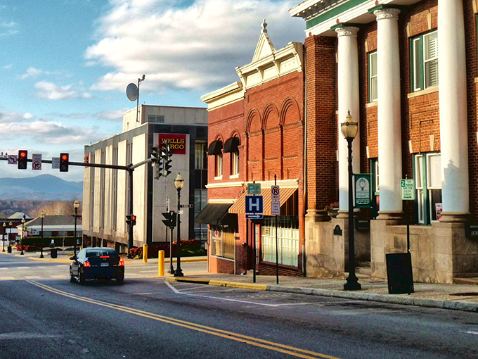 Historic brick buildings stand sentinel along Bedford's downtown, where modern banking meets classic architecture in a delightful small-town tableau.