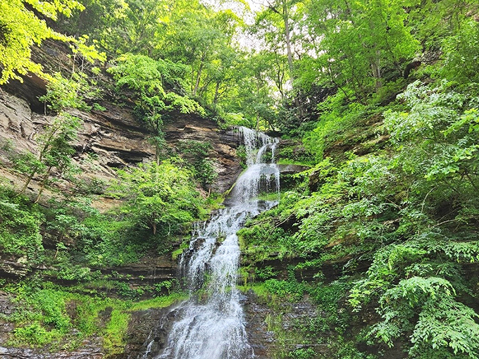 Nature's tiered masterpiece puts on a show as Cathedral Falls cascades down layered rock formations, creating a mesmerizing staircase of tumbling water.