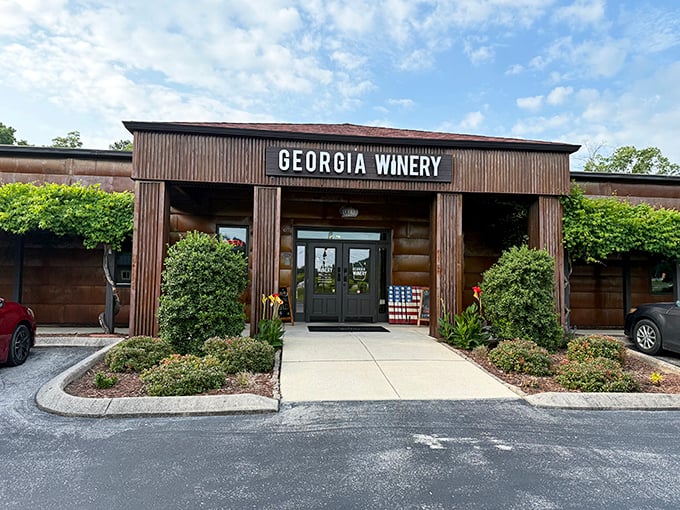The rustic wooden facade of Georgia Winery welcomes wine lovers with unpretentious charm and Southern hospitality.