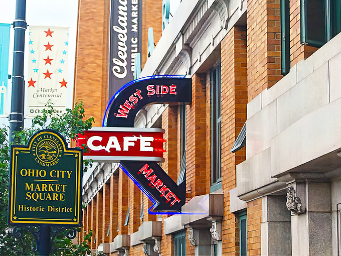 The iconic neon sign beckons hungry travelers like a lighthouse for the breakfast-starved. Ohio City's Market Square Historic District never looked so appetizing.