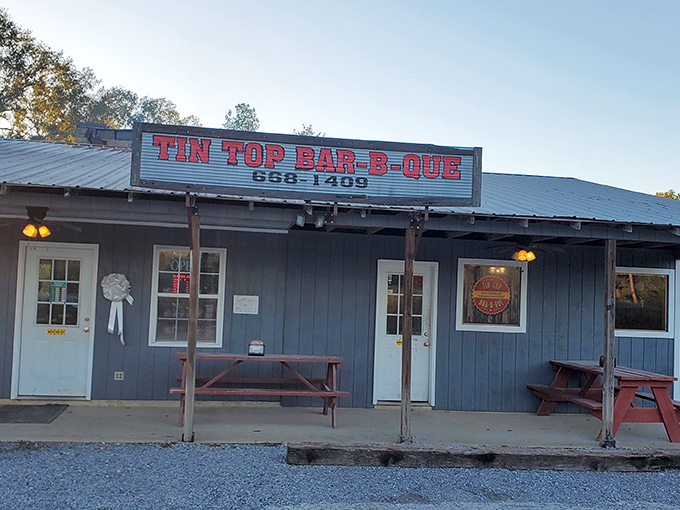 The blue exterior of Tin Top BBQ stands like a smoke signal to hungry travelers &ndash; simple, unassuming, and promising delicious things within.