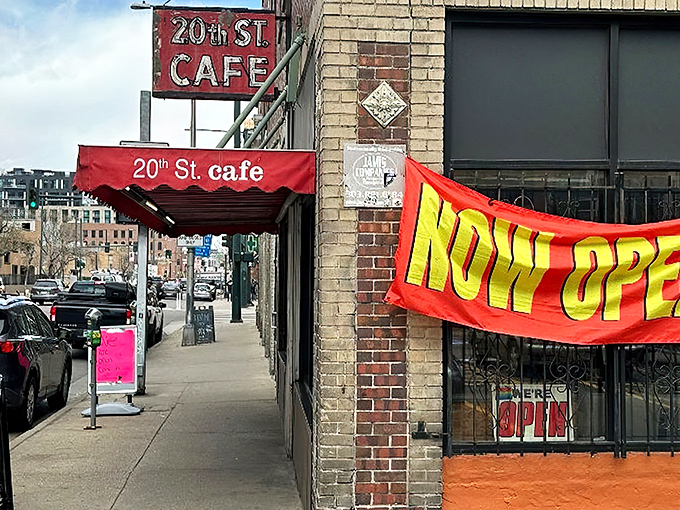 That weathered red sign isn't just marking a location&mdash;it's announcing a Denver institution where breakfast dreams come true.