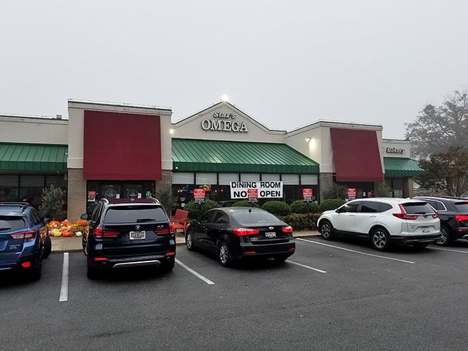 Even on a foggy day, Stax Omega's welcoming facade draws a steady stream of devotees. The "DINING ROOM OPEN" sign might as well say "Happiness Served Here."