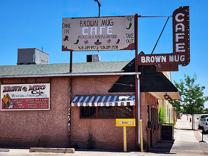 The stucco exterior of Brown Mug Cafe stands like a culinary lighthouse on Winslow's horizon, beckoning hungry travelers with promises of Mexican-American comfort.