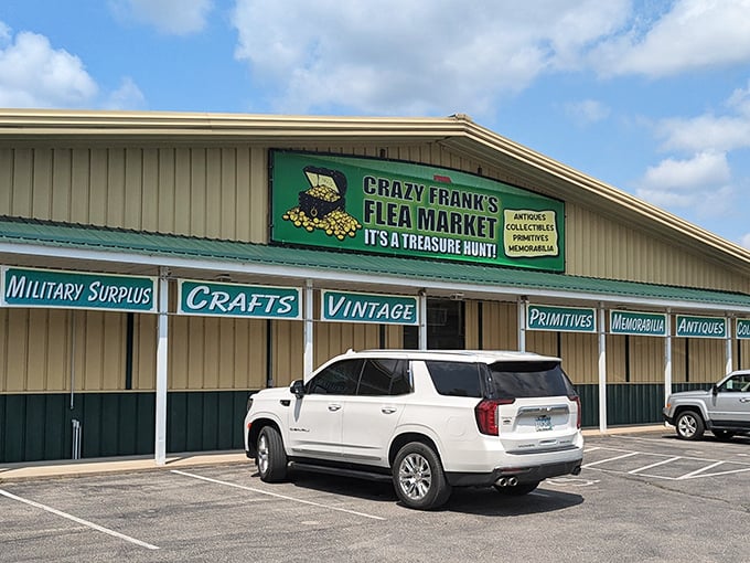 The treasure hunt begins! Crazy Frank's exterior promises a wonderland of vintage finds and unexpected discoveries waiting just beyond those doors.