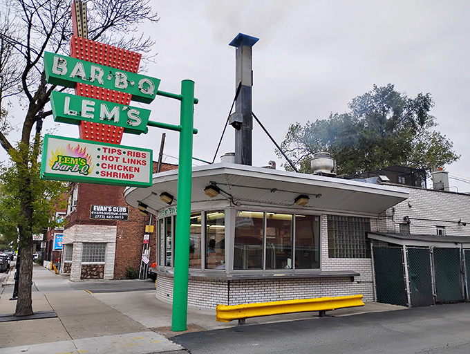 That iconic neon sign isn't just advertising &ndash; it's a beacon of barbecue hope on Chicago's South Side. Smoke billowing from the chimney is nature's most effective "Open" sign.