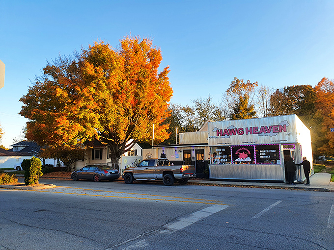 Fall foliage frames Hawg Heaven in nature's perfect Instagram filter, as if the universe itself is highlighting this BBQ sanctuary for hungry travelers.