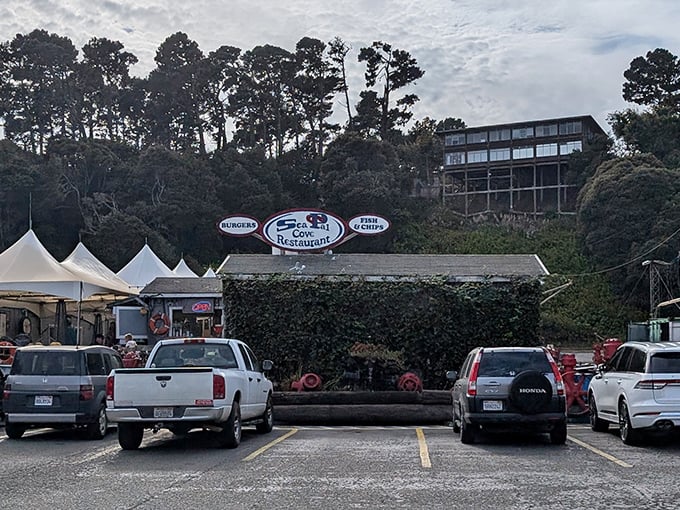 A sign that reads "Sea Pal Restaurant" perched above a humble building. Sometimes the most extraordinary culinary treasures hide in the most ordinary packages.