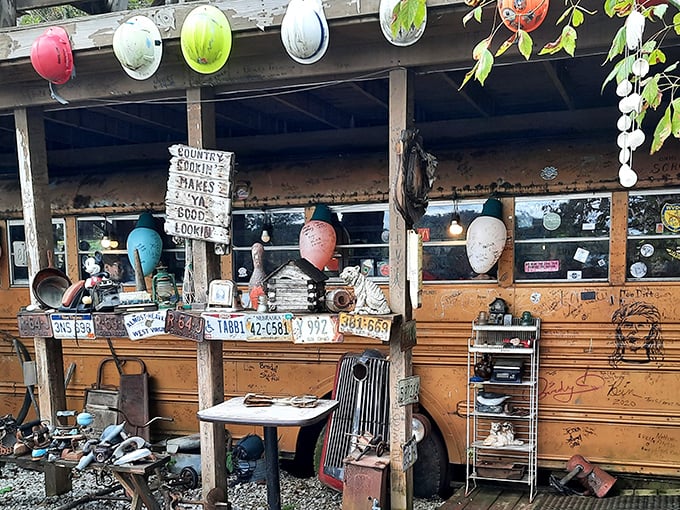 License plates, hard hats, and country cookin' signs create the perfect hillbilly tapestry. This isn't decoration&mdash;it's a lifestyle manifesto with a side of sass.