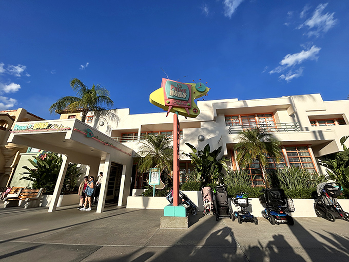 The iconic 50's Prime Time Caf&eacute; exterior beckons with its retro signage and mid-century charm, promising a meal served with a side of nostalgia.