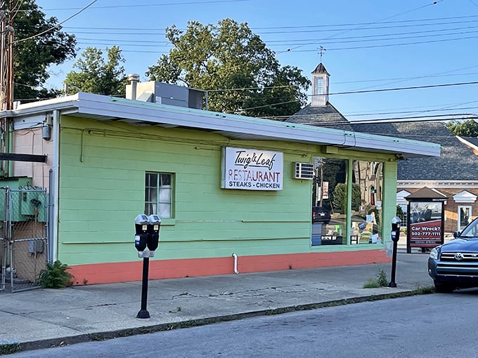 The mint-green exterior of Twig and Leaf stands like a time capsule on Bardstown Road, its classic diner silhouette promising comfort food and nostalgia in equal measure.