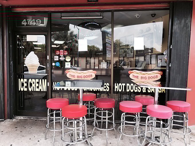 Red stools beckon sidewalk diners while the storefront proudly advertises both hot dogs and ice cream&mdash;a one-stop shop for comfort food nirvana.