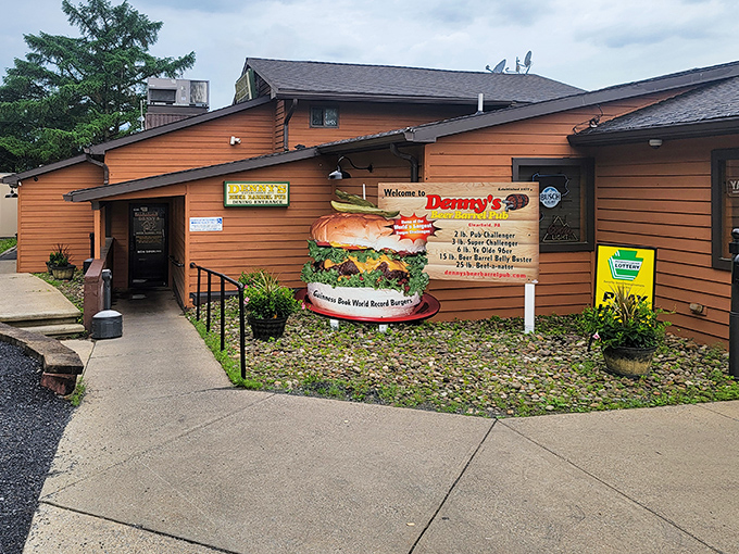 The burger billboard you can't miss! Denny's exterior proudly announces its claim to fame with a larger-than-life burger sign that sets the tone for what awaits inside.