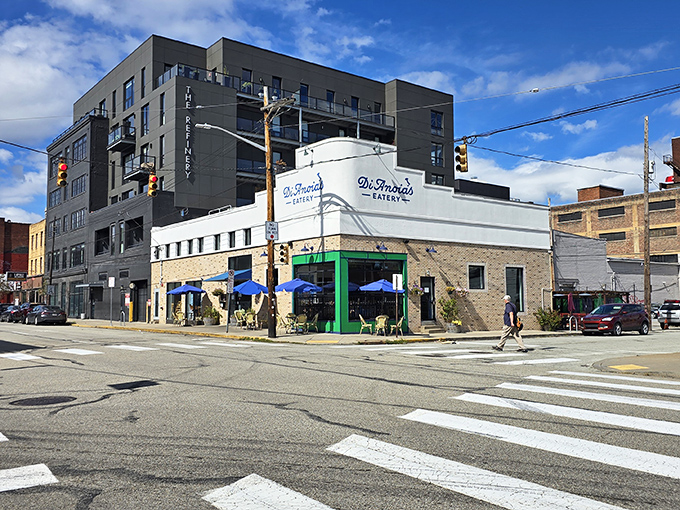 DiAnoia's distinctive white and green corner location in Pittsburgh's Strip District stands out like an Italian flag waving you home to comfort food paradise.