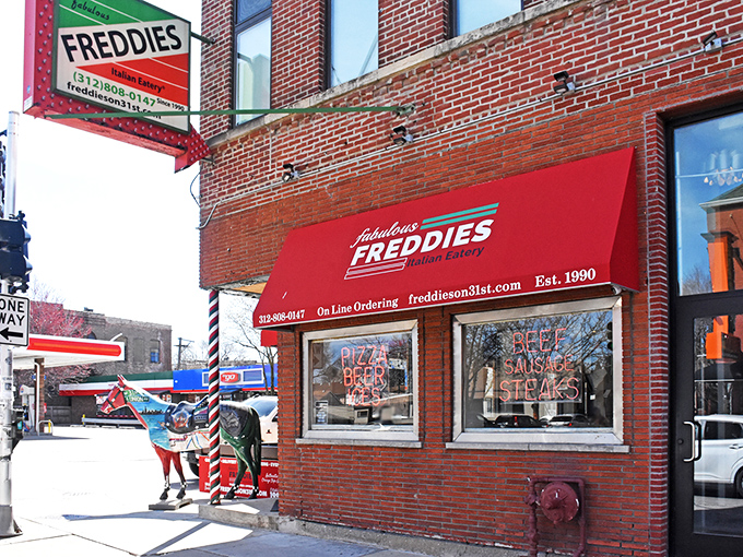 The bright red awning of Fabulous Freddies stands out like a beacon of hope for the hungry on Chicago's 31st Street. Classic brick exterior says "real neighborhood joint."