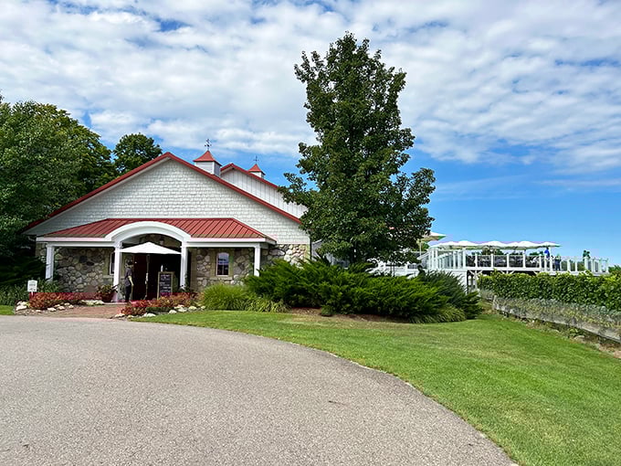 The elegant fa&ccedil;ade of Brys Estate welcomes wine lovers with its distinctive copper-colored roof and manicured grounds.