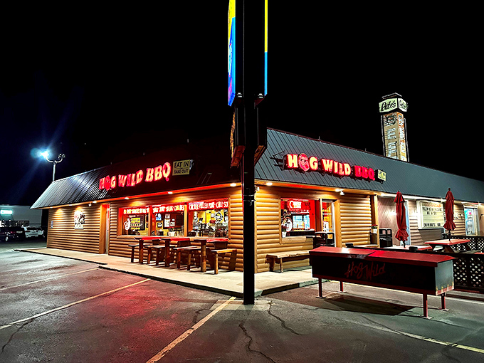 The neon glow of barbecue paradise beckons like a lighthouse for the hungry soul. Michigan nights were made for this.