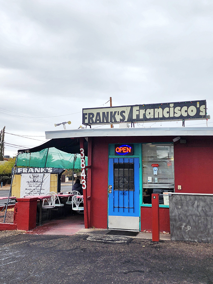 The bright blue door of Frank's beckons like a portal to comfort food heaven. That "OPEN" sign might as well say "Salvation for the hungry."