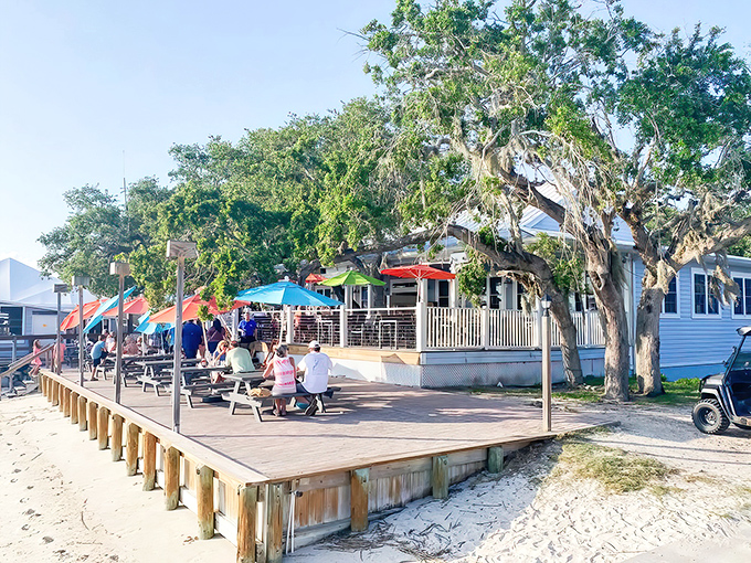 A waterfront paradise where Spanish moss-draped trees stand guard over picnic tables – Florida dining doesn't get more authentic than this.