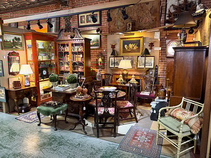 A furniture lover's dream come true&mdash;antique tables, chairs, and cabinets arranged like a Victorian living room waiting for its next soir&eacute;e.