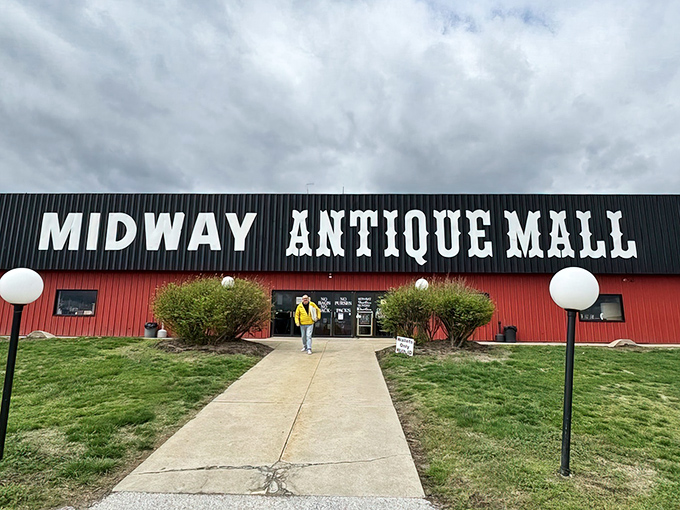 Rain or shine, the welcoming facade of Midway Antique Mall promises adventures in time travel without the pesky paradox problems.