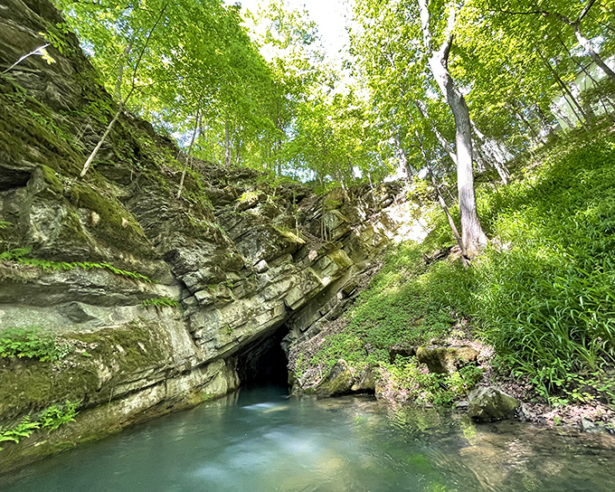 Nature's grand entrance exam: limestone walls frame the mysterious mouth of Penn's Cave, where adventure begins with a splash of emerald-tinted water.